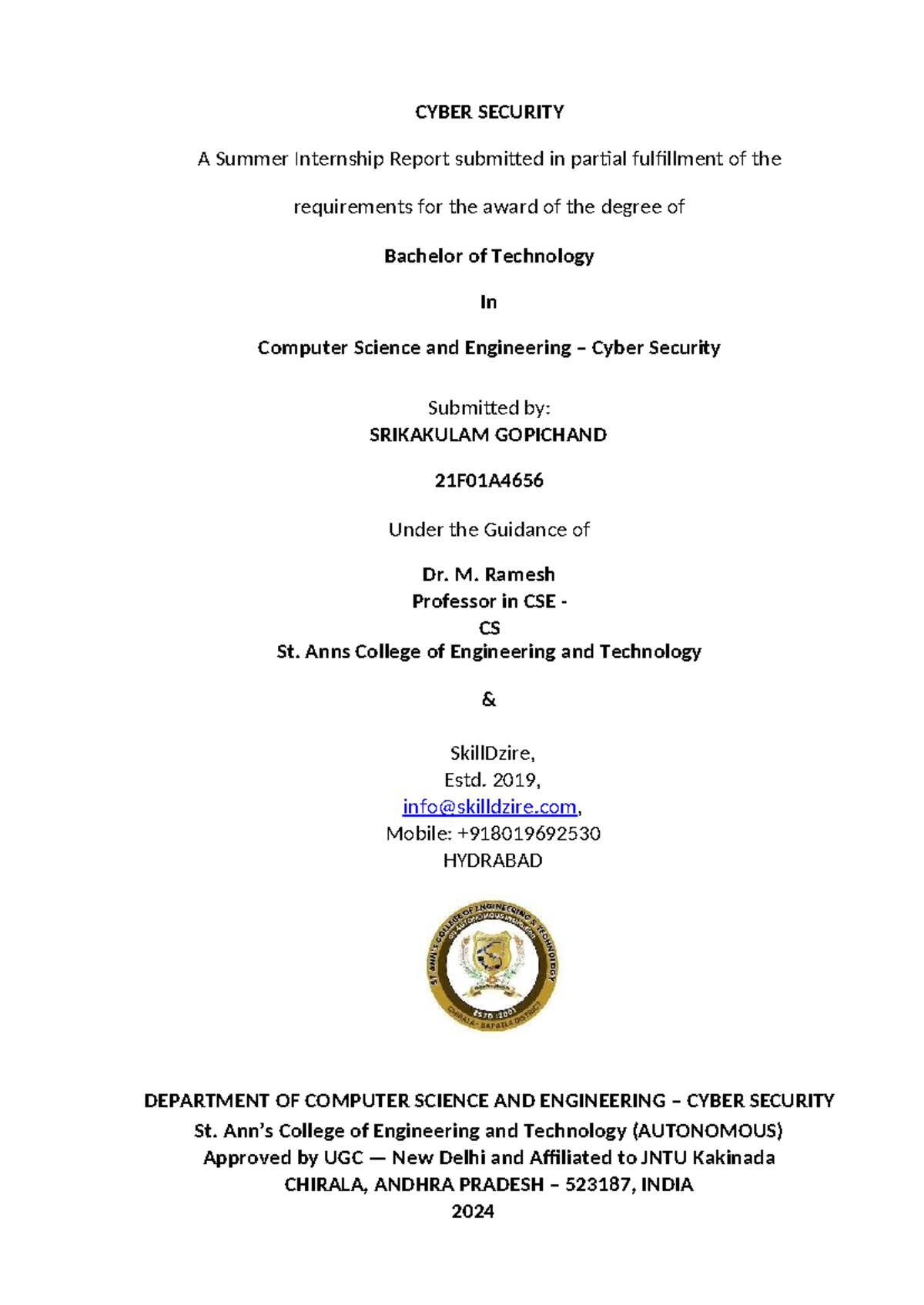 S. Gopichand Skilldzire Internship Certificate - CYBER SECURITY A ...