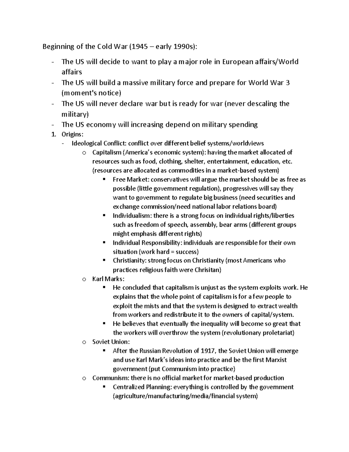 History 1302 Unit 3 Notes - Beginning of the Cold War (1945 – early ...