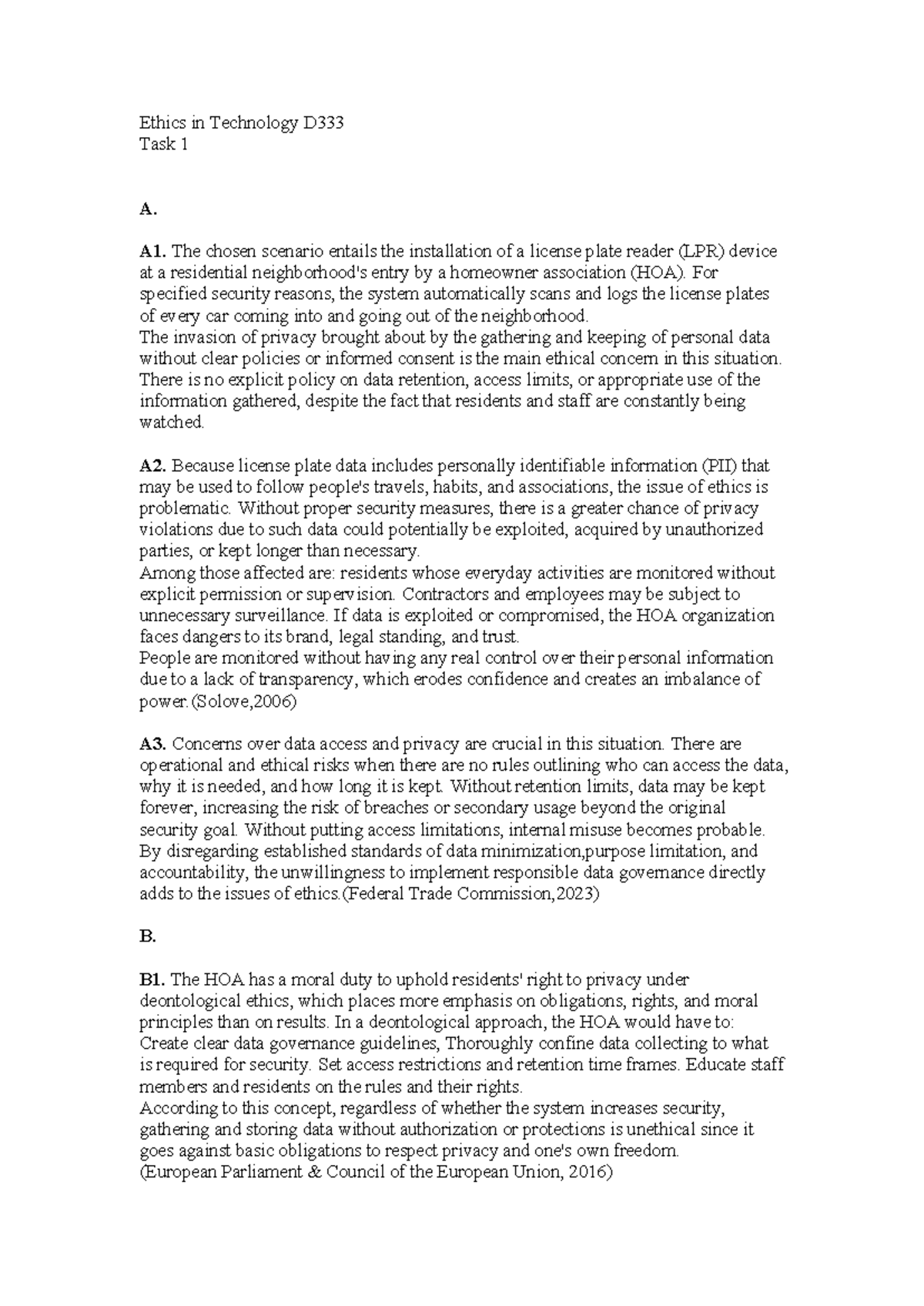 D333 Ethics in Technology: License Plate Reader Privacy Concerns - Studocu