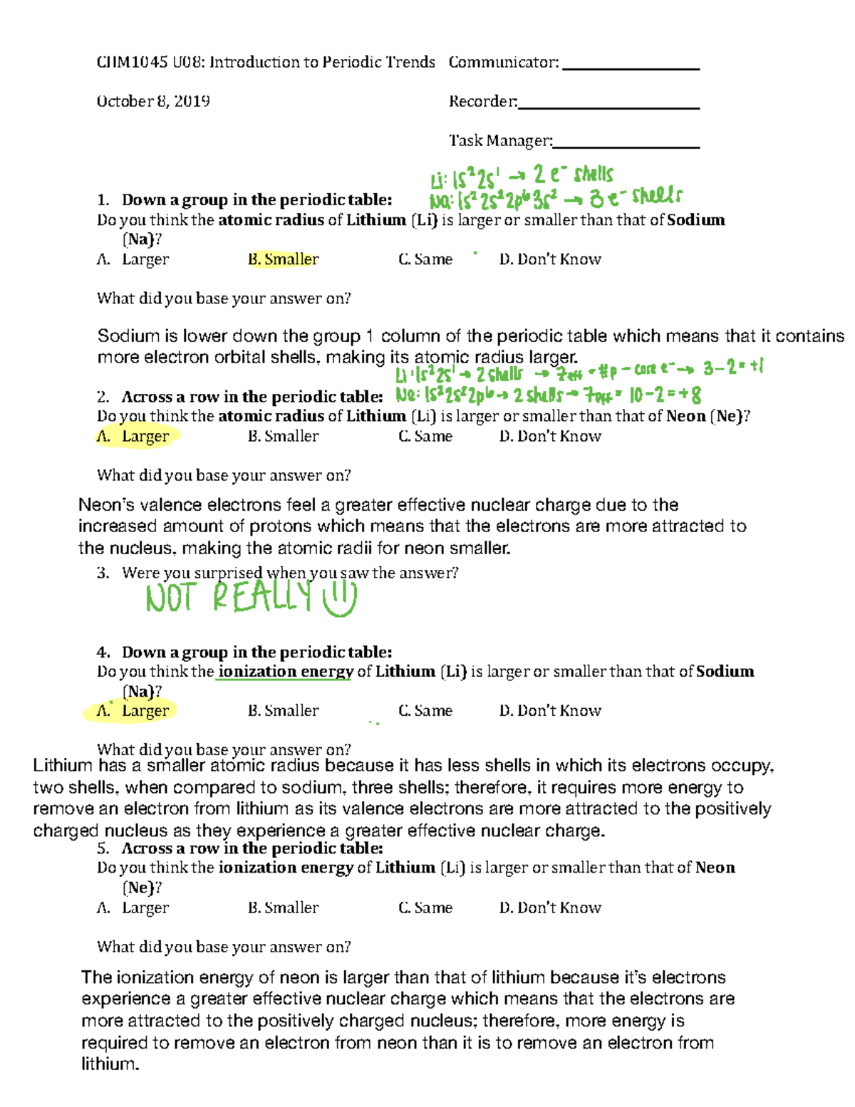 CHM1045 Worksheet 2.5: Exploring Periodic Trends in Atomic Radius - Studocu
