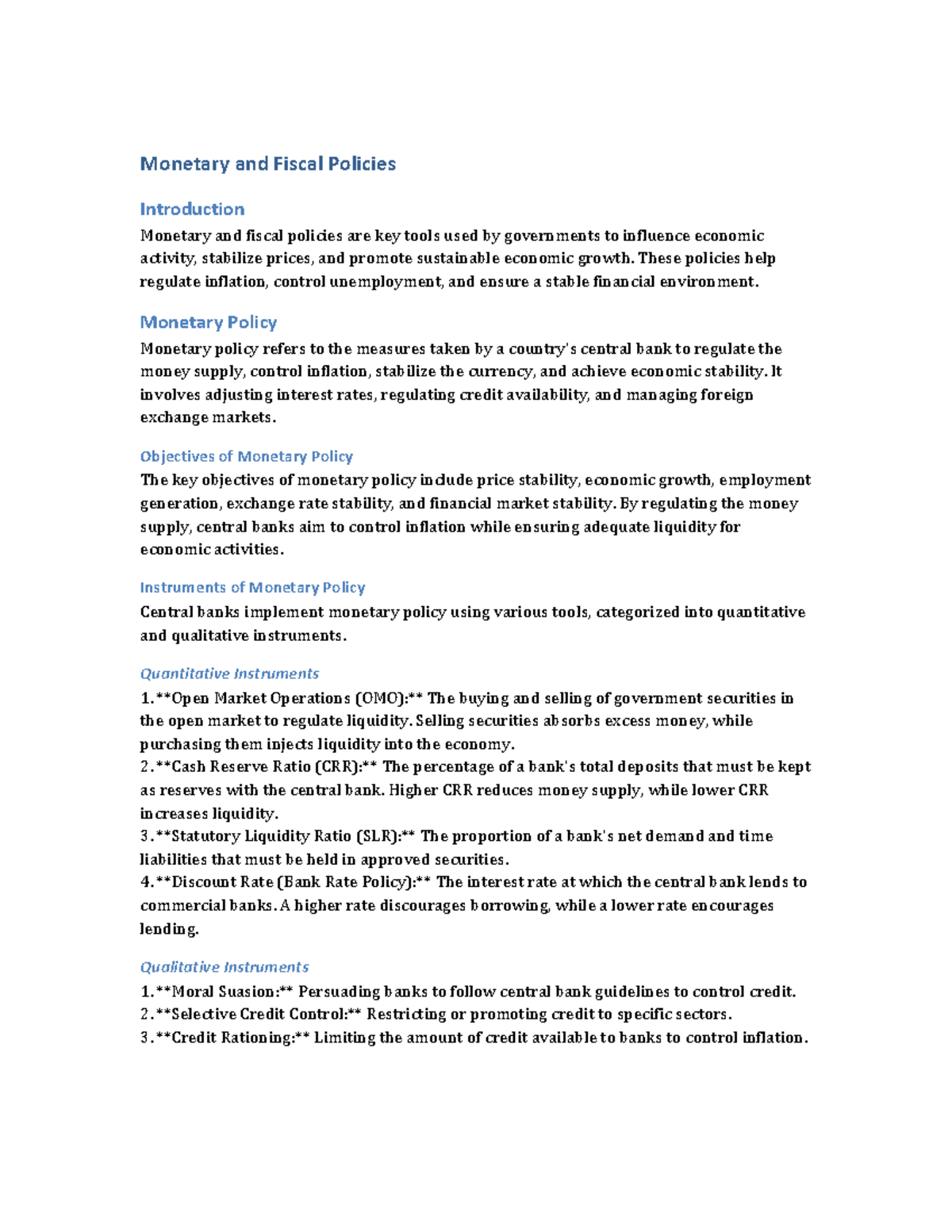 Monetary & fiscal policies: an introduction to economic tools - Studocu