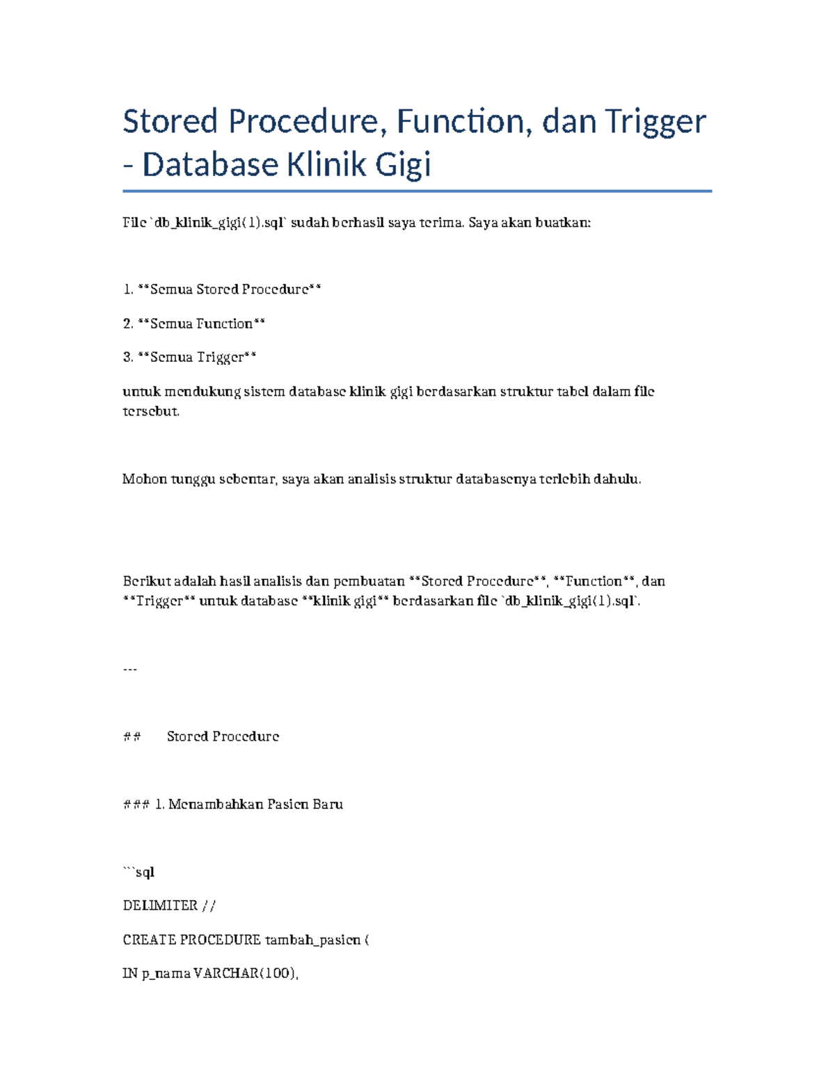 Catatanuts: Stored Procedure, Function, dan Trigger Database Klinik Gigi - Studocu