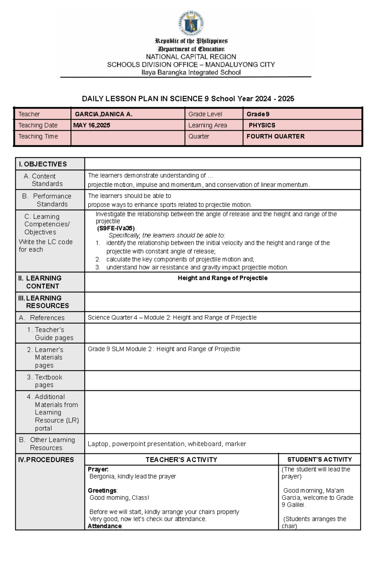 DAILY LESSON PLAN: HEIGHT & RANGE OF PROJECTILE (SCIENCE 9) - Studocu