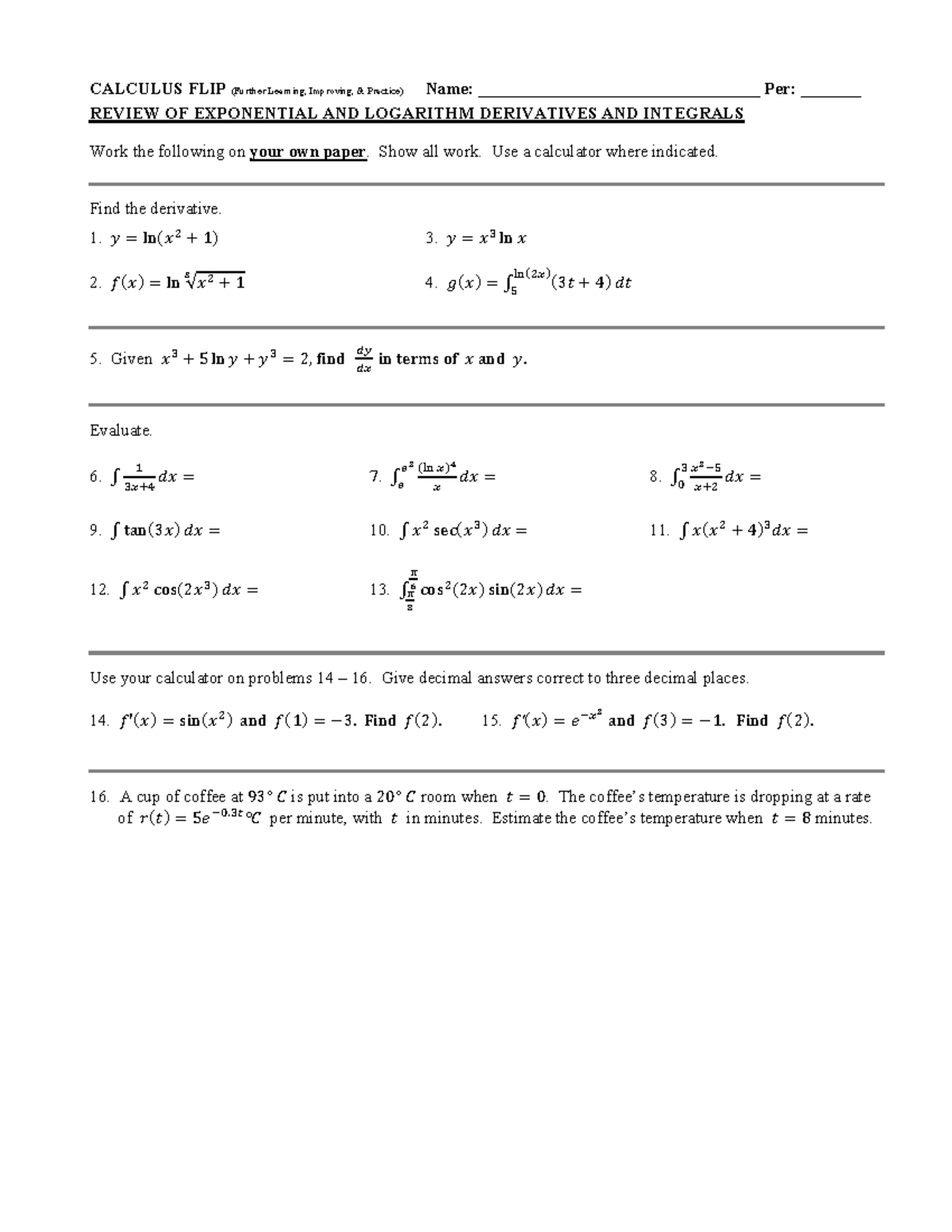 CALC 9 Review - Exponential & Logarithm Derivatives & Integrals - Studocu
