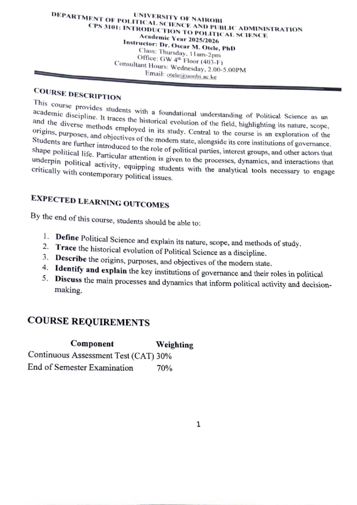 CPS 3101: Introduction to Political Science Course Outline - Studocu
