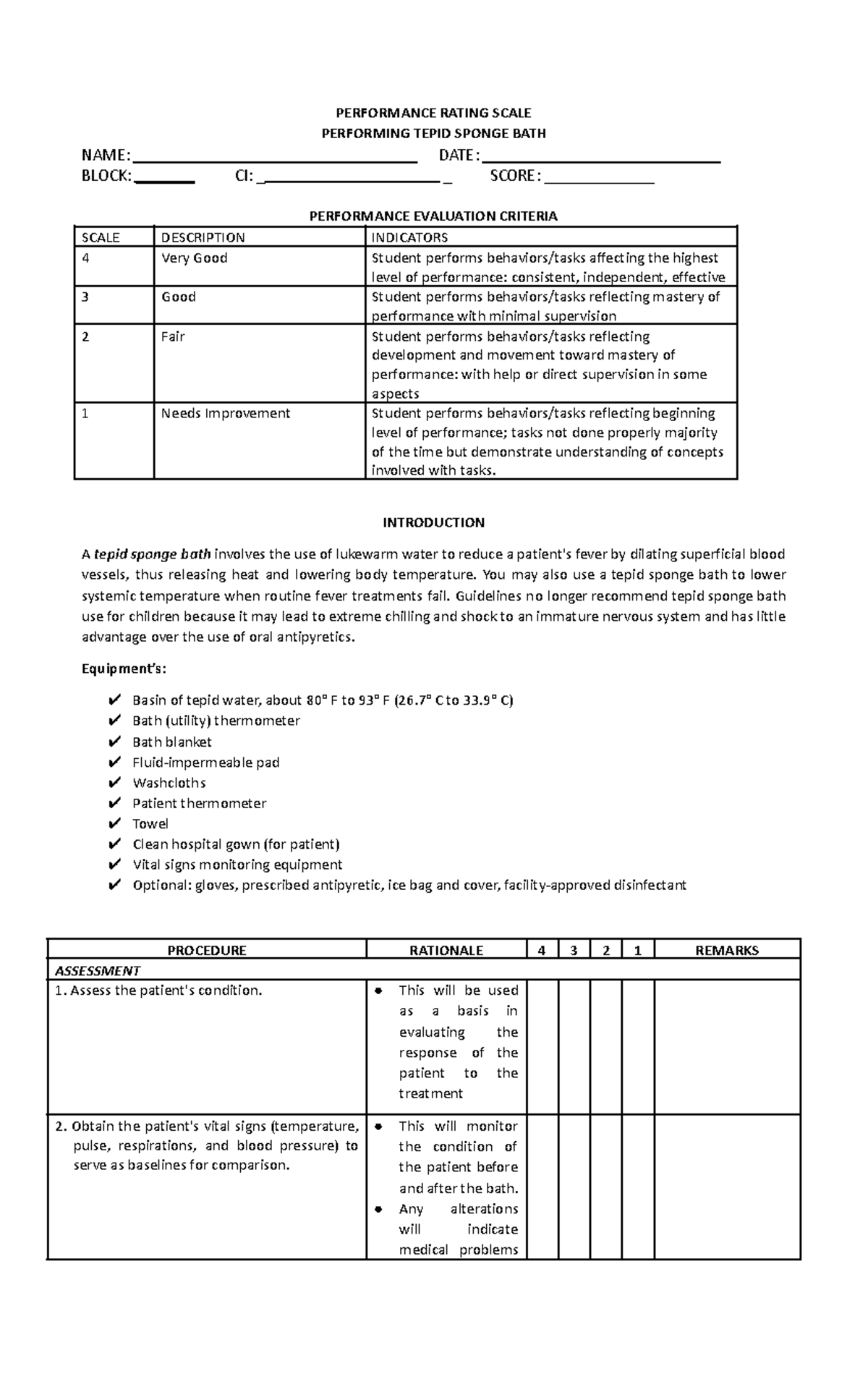Tepid Sponge Bath Procedure & Evaluation PRS with Rationale Guide - Studocu