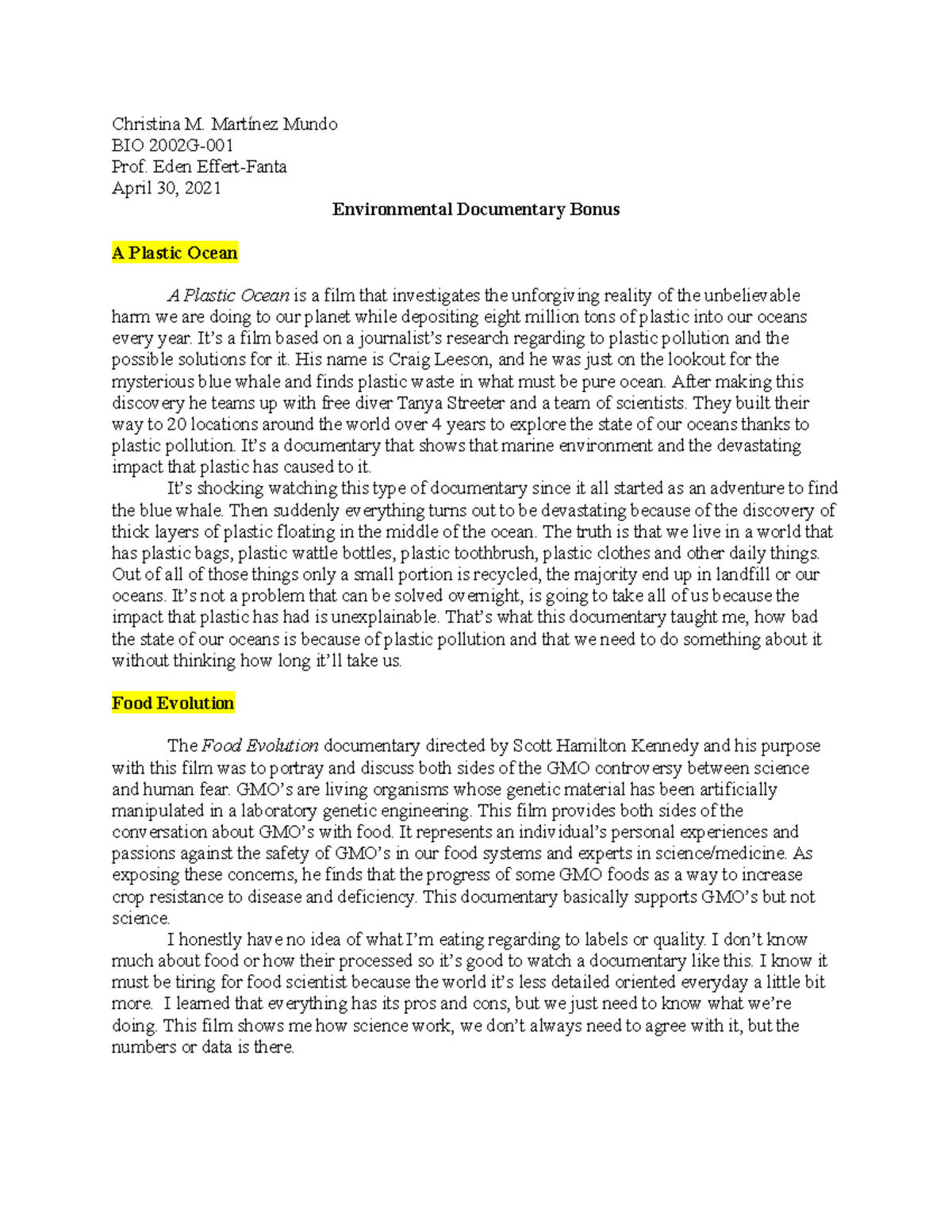 BIO 2002G- Environmental Documentary Bonus Assignment Analysis - Studocu