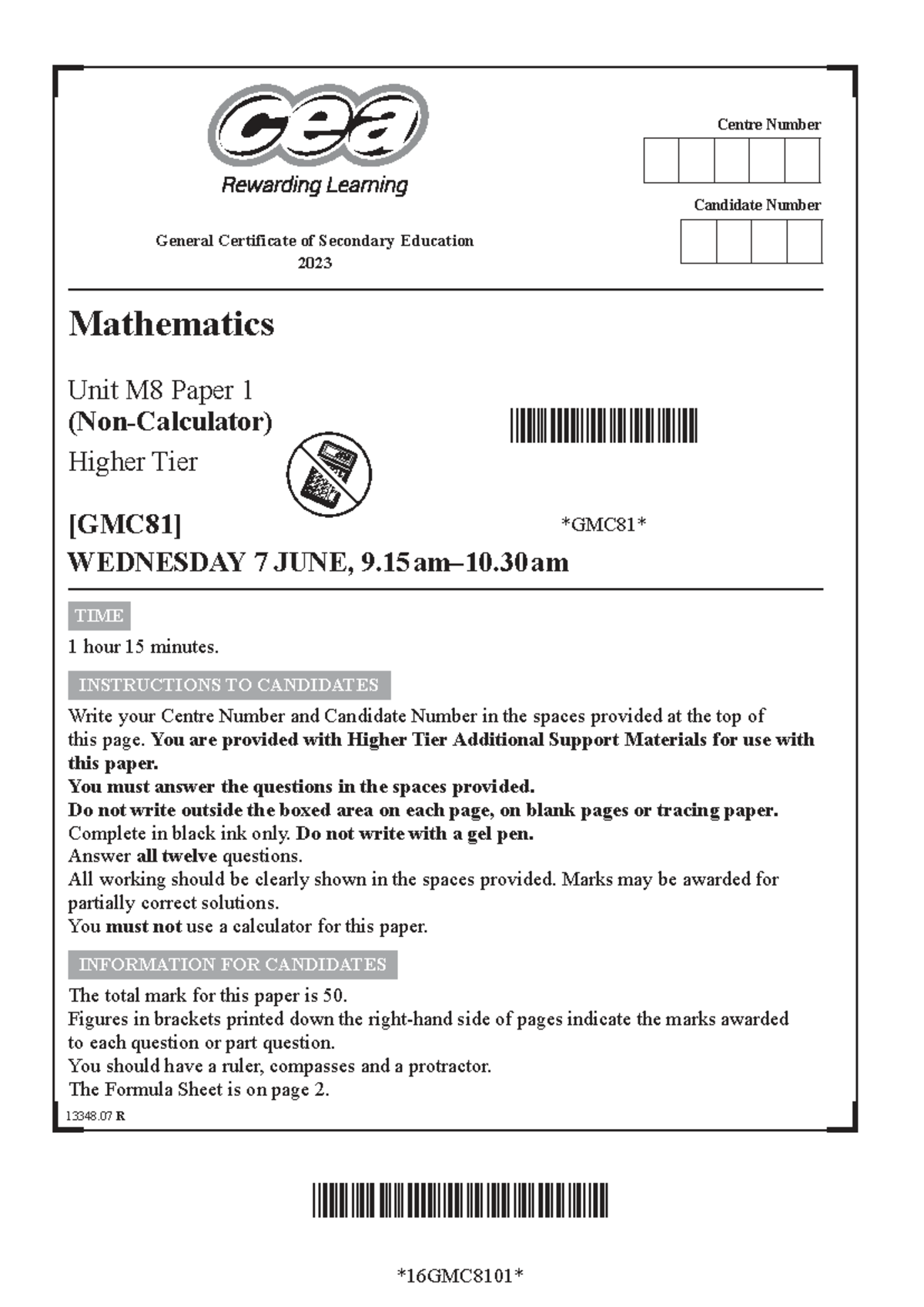 GCSE Mathematics 504 - Summer 2023 - Higher Tier M8 Paper 1 (Non ...