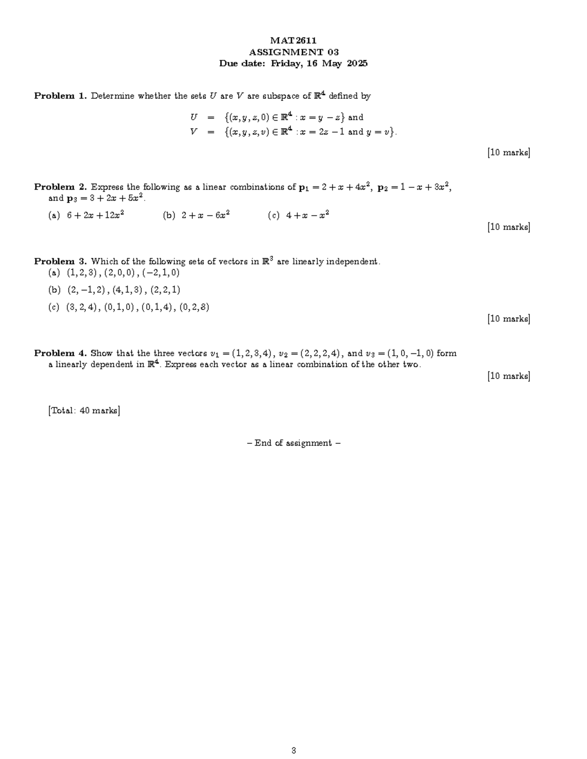 Mat2611 Assignment 03 Subspaces Linear Combinations Independence