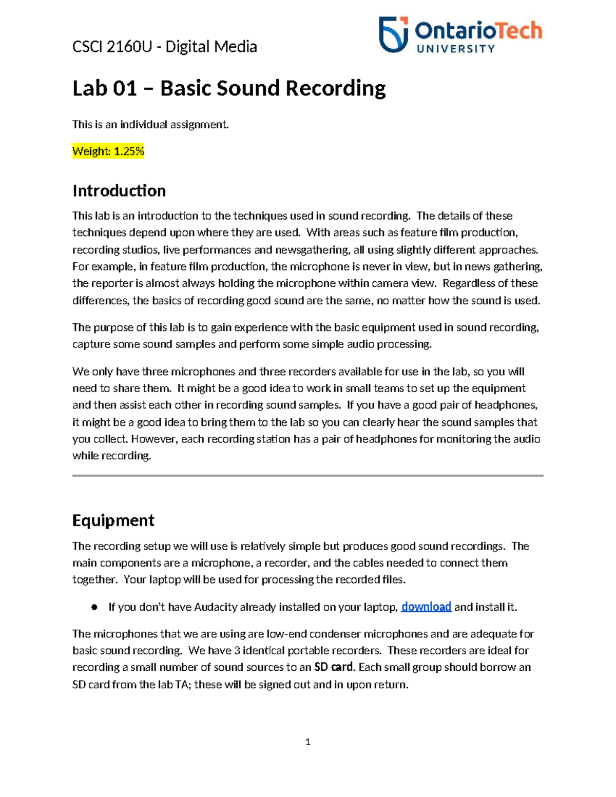 CSCI 2160U Digital Media Lab 01: Basic Sound Recording Techniques - Studocu