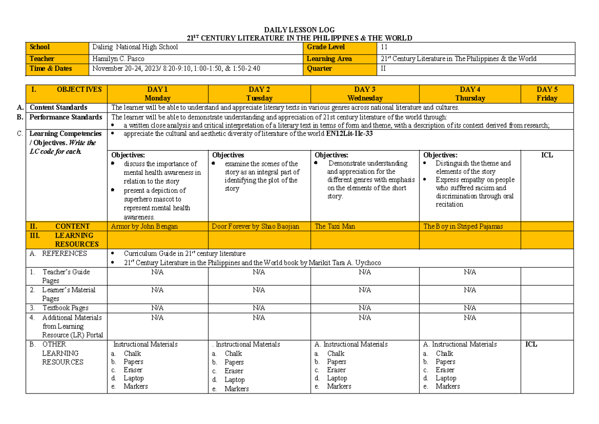 DLL 21ST Century Literature Week 13 Lesson Log for November 2023 - Studocu