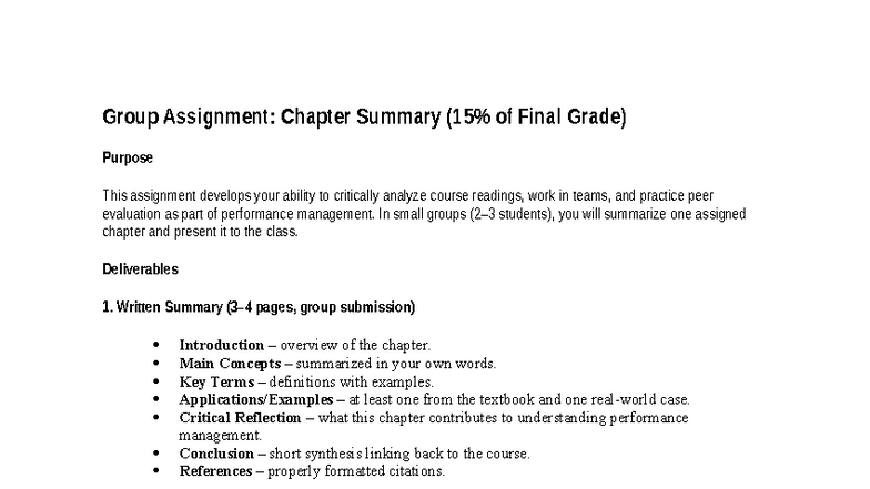 Group Assignment: Chapter Summary for Final Grade Evaluation - Studocu