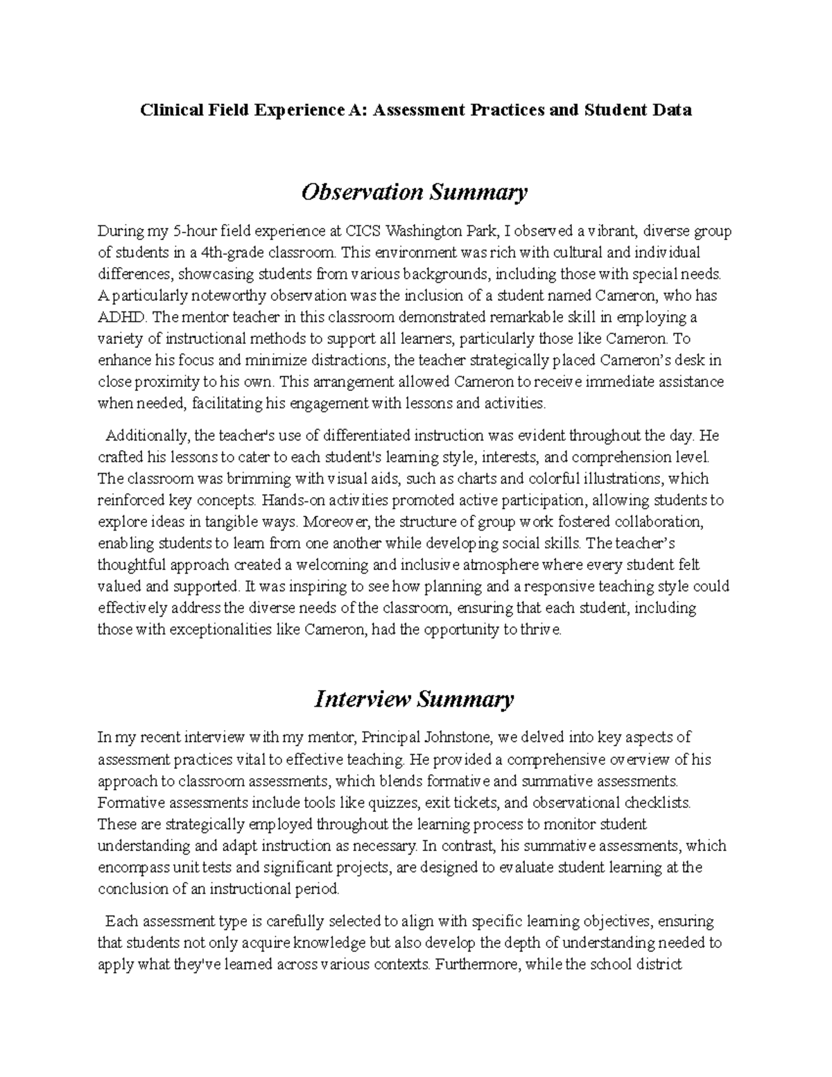 Clinical Field Experience A: Assessment Practices & Student Data ...