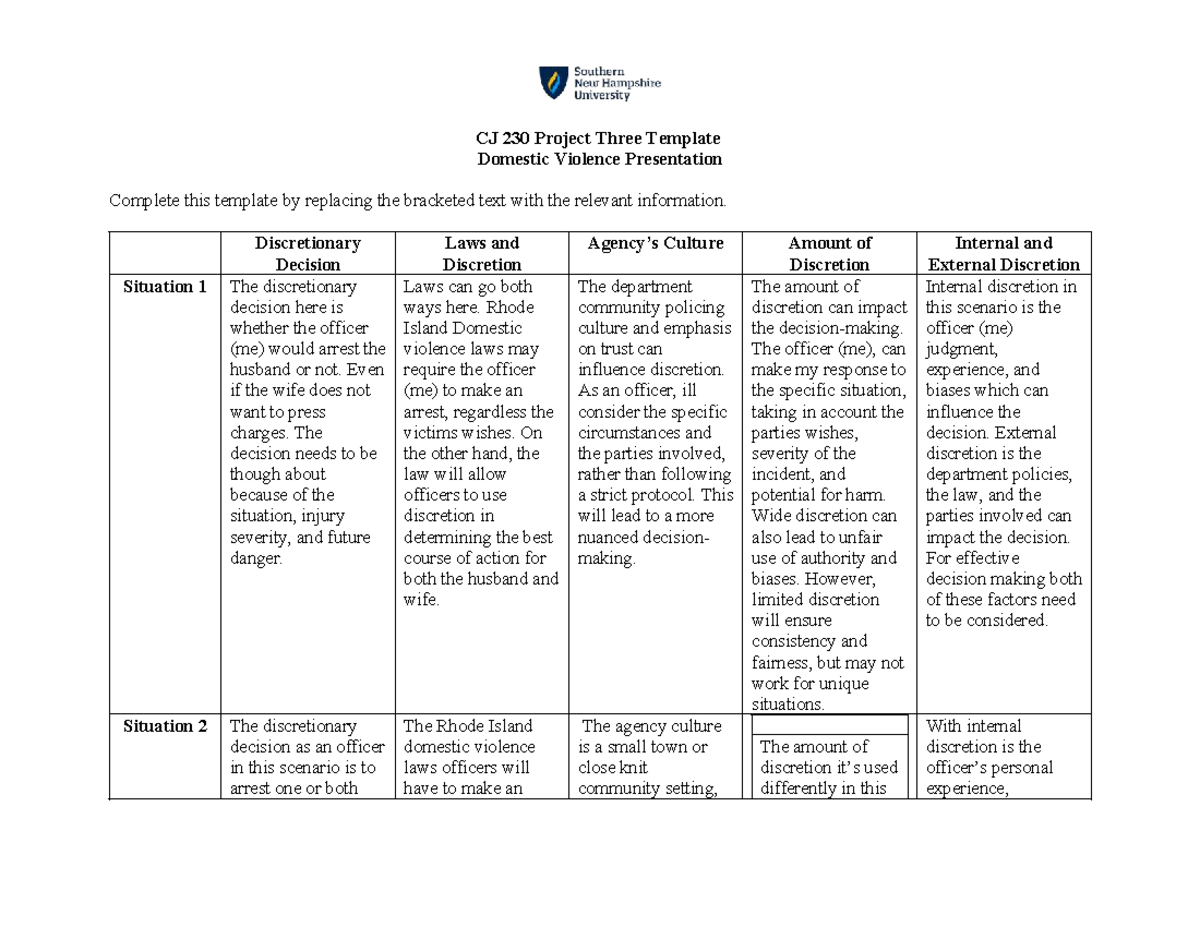 CJ 230 Project Three: Domestic Violence Presentation Template - Studocu
