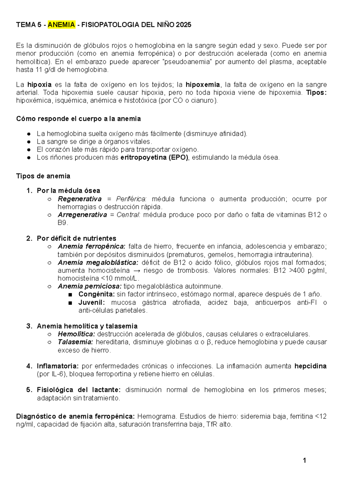 Anemia: Fisiopatología Infantil - Resumen 2025 - Studocu