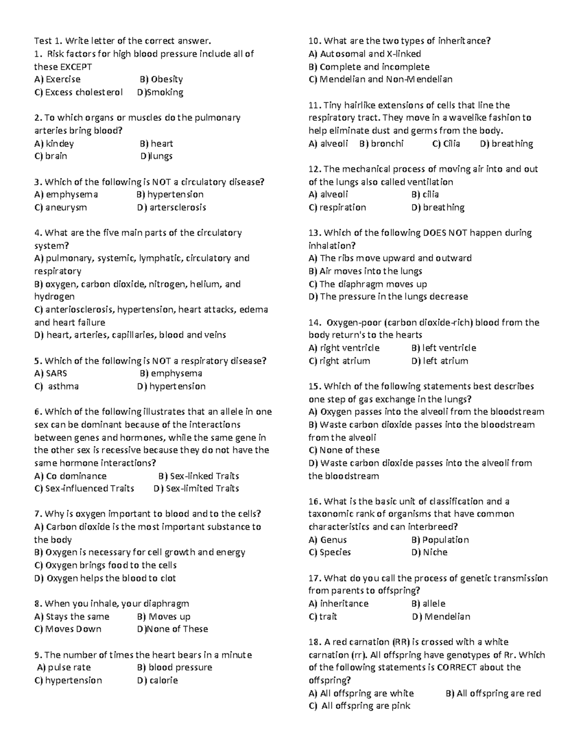 Science EXAM - Test 1. Write letter of the correct answer. Risk factors ...