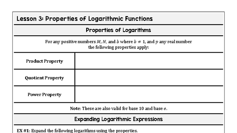 Lesson 3.3: Properties of Logarithmic Functions - Studocu