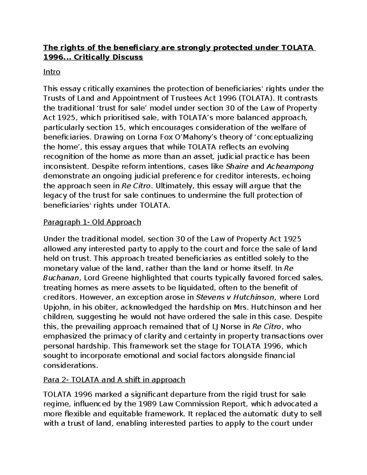 TOLATA 1996: Examining Beneficiary Rights and Judicial Practices - Studocu