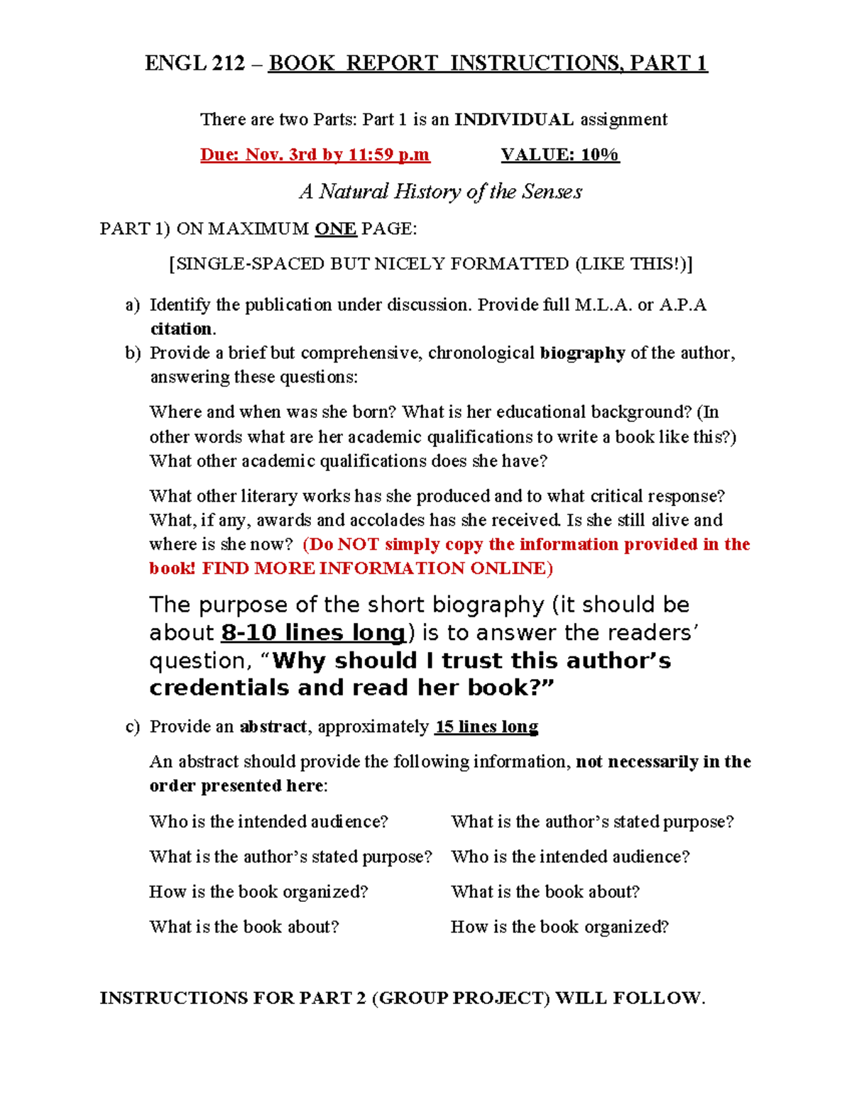 ENGL 212 Instructions Book Report Part 1 - ENGL 212 – BOOK REPORT ...