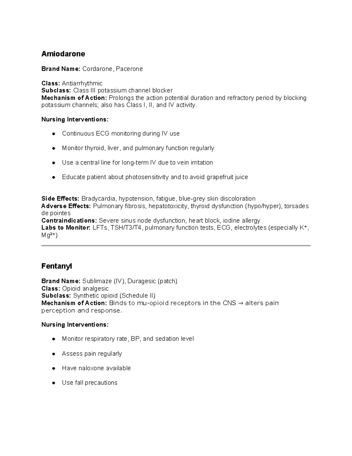 Week 5 Drug Cards: Amiodarone, Fentanyl, Precedex, Lasix - Studocu