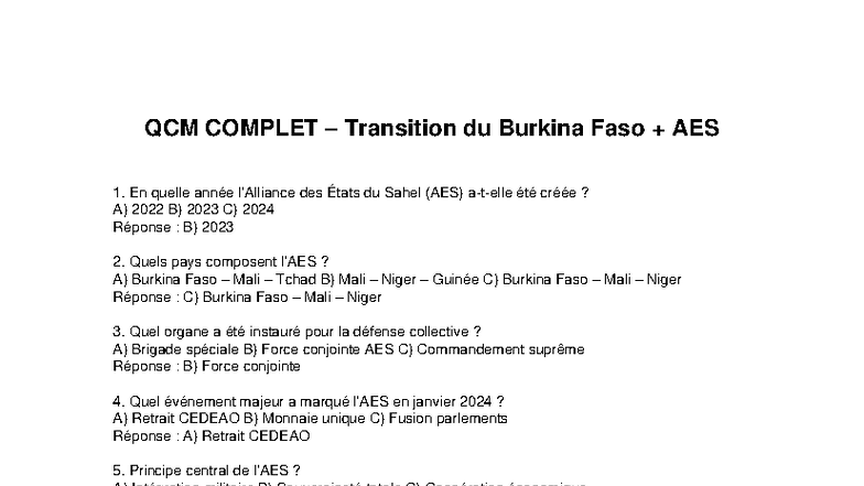 QCM Concours AES Transition du Burkina Faso - Studocu