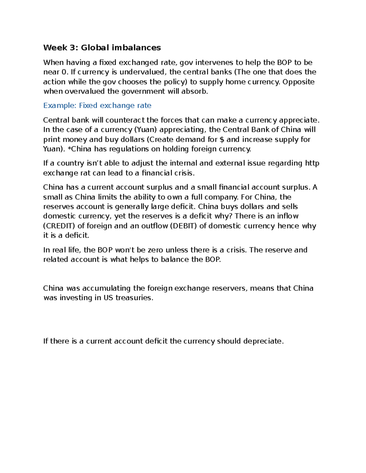 FINE 482 Week 3: Global Imbalances and Fixed Exchange Rates - Studocu