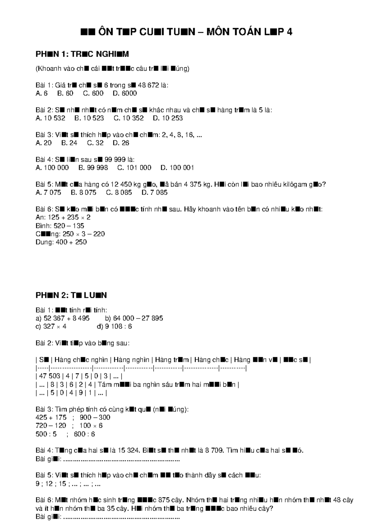 ĐỀ ÔN TẬP CUỐI TUẦN MÔN TOÁN 4 – MỚI - Studocu