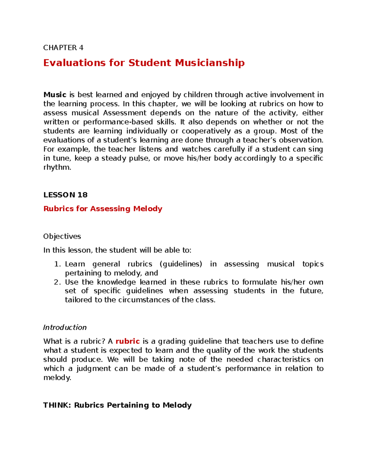 Lesson 18 Rubrics for Assessing Melody - CHAPTER 4 Evaluations for ...