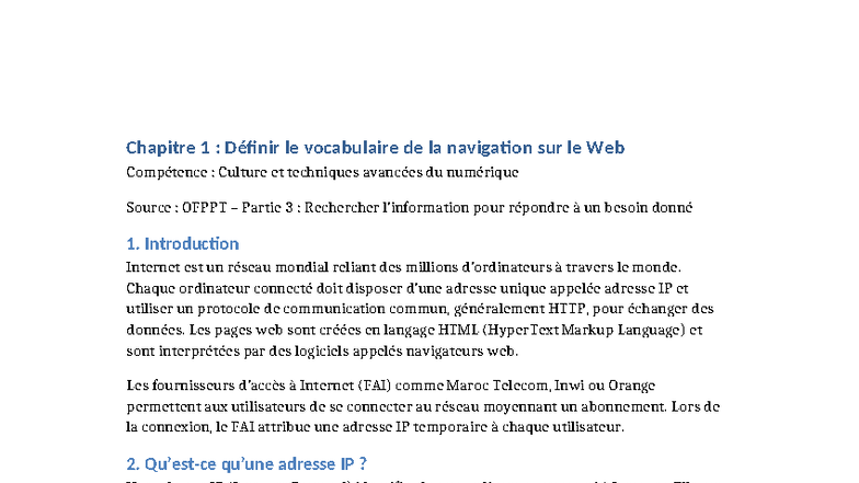 Chapitre 1 : Vocabulaire de la Navigation Web - Cours OFPPT - Studocu