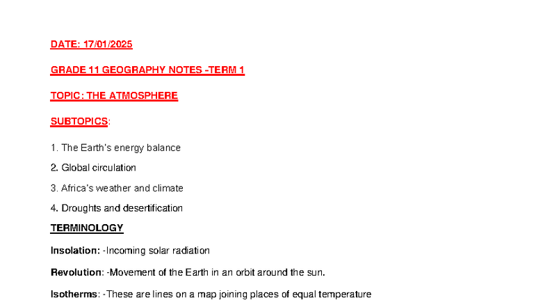 Grade 11 Geography Notes: The Atmosphere & Energy Balance - Studocu