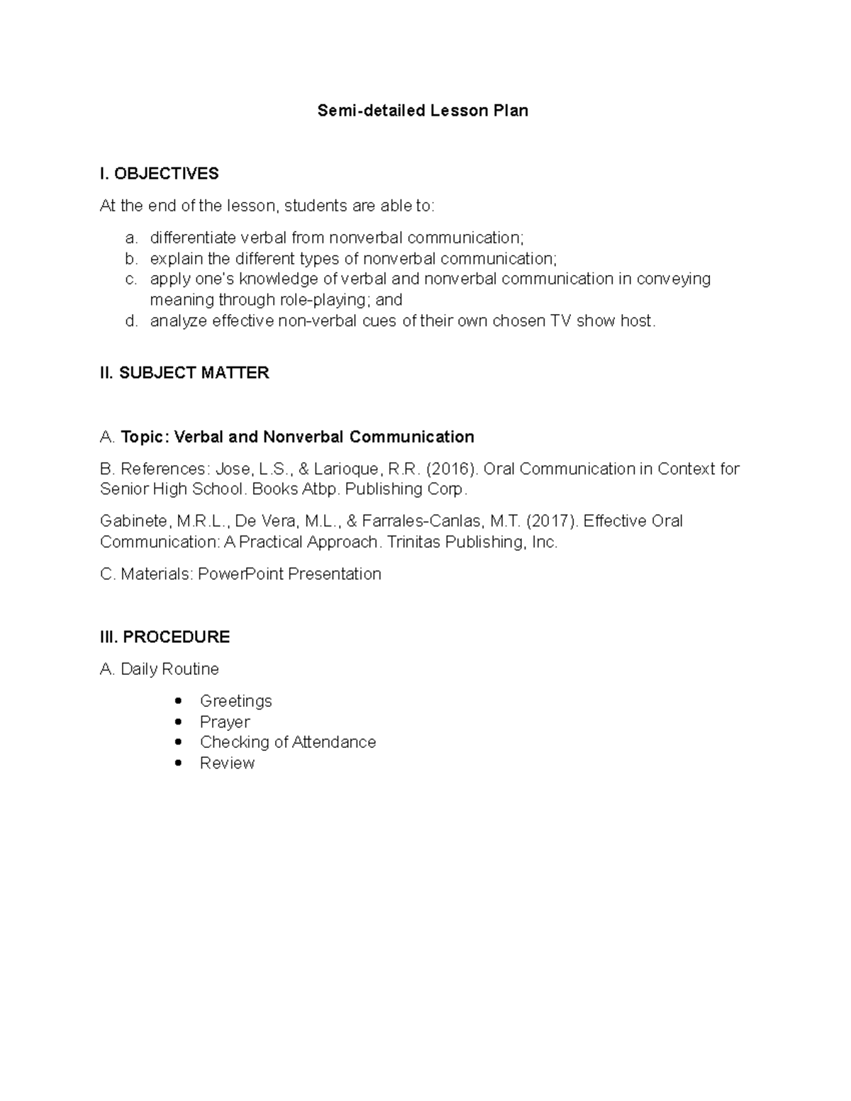 Verbal and Nonverbal Communication Lesson Plan (ENG 101) - Studocu