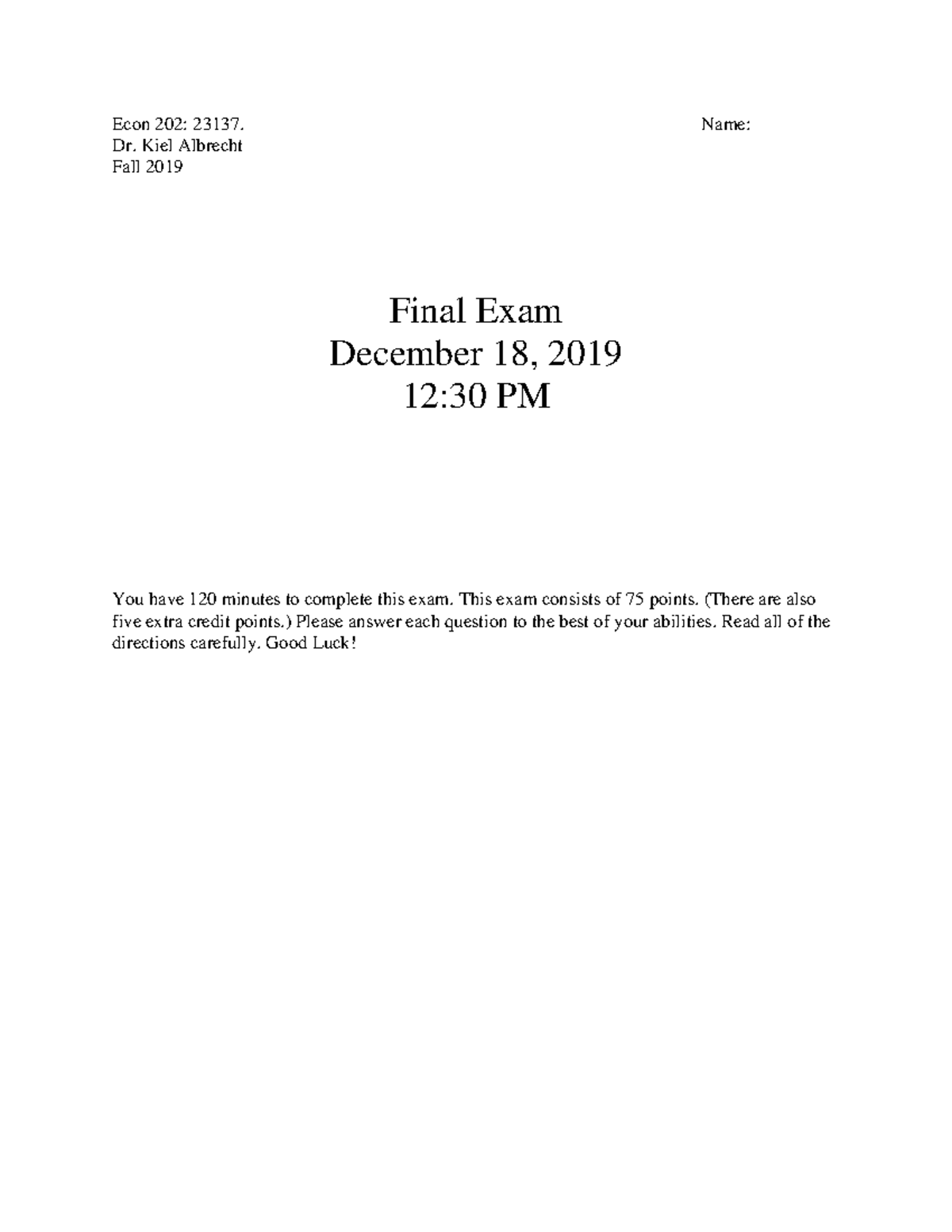 Econ 202: Final Exam - Fall 2019 - Studocu