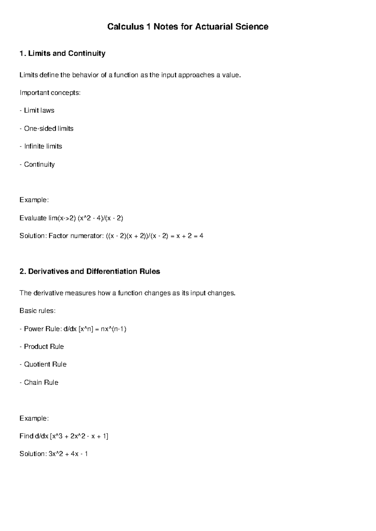 Calculus 1 Notes for Actuarial Science: Limits, Derivatives & Integrals ...
