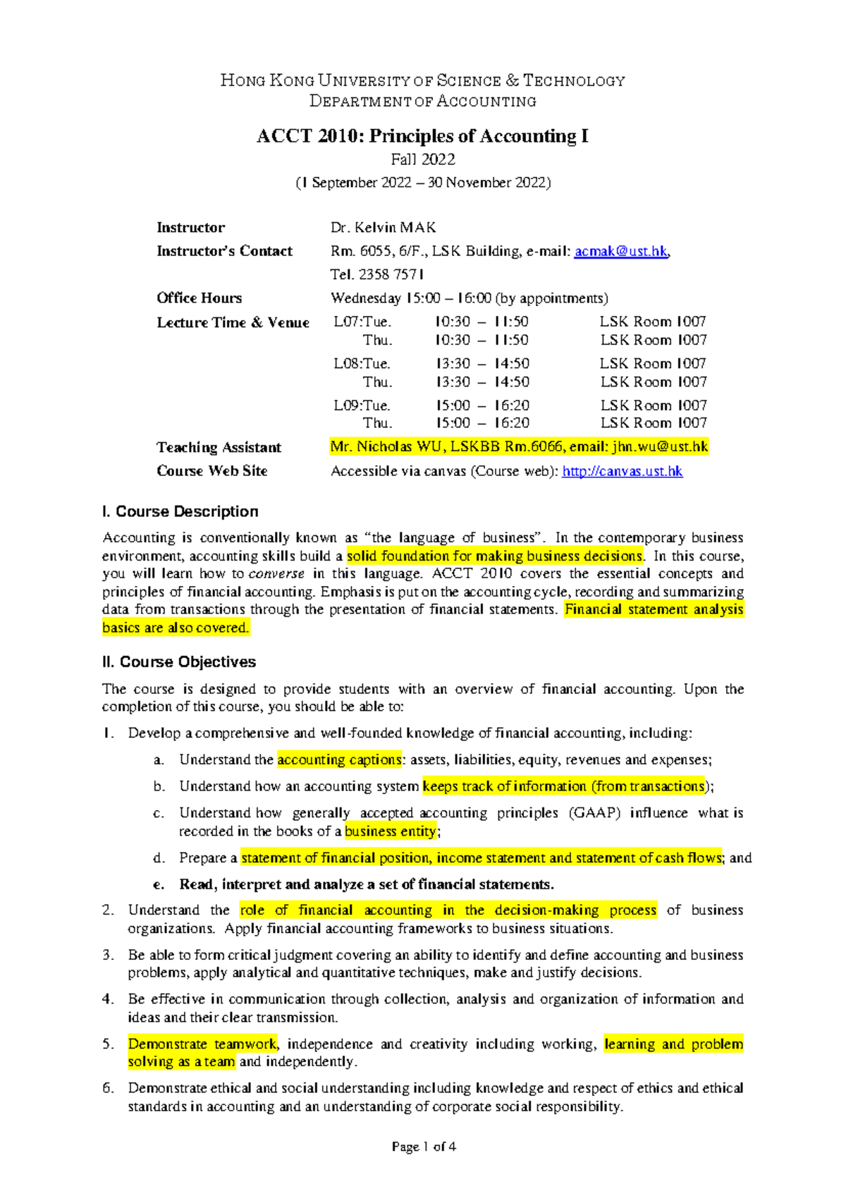 ACCT 2010: Principles of Accounting I Course Outline Fall 2022 - Studocu