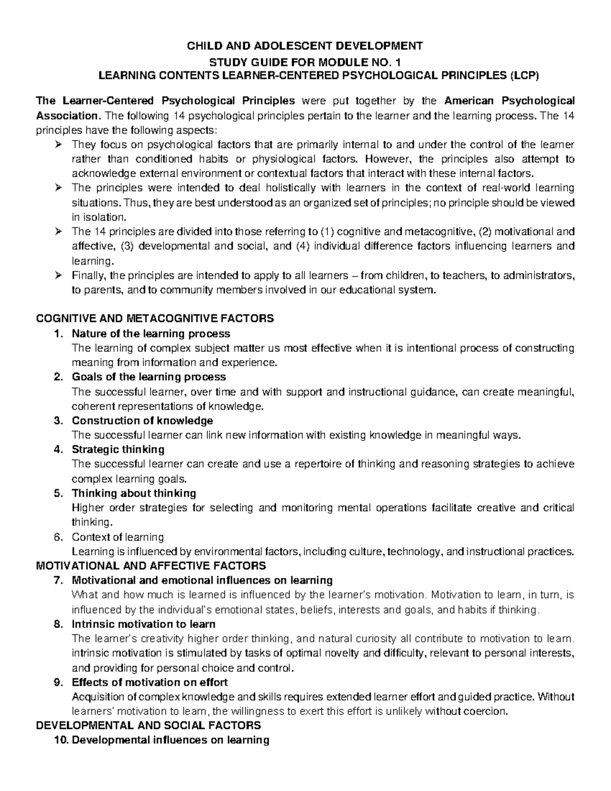 CHILD AND ADOLESCENT DEVELOPMENT STUDY GUIDE: MODULE 1 & 2 LCP - Studocu