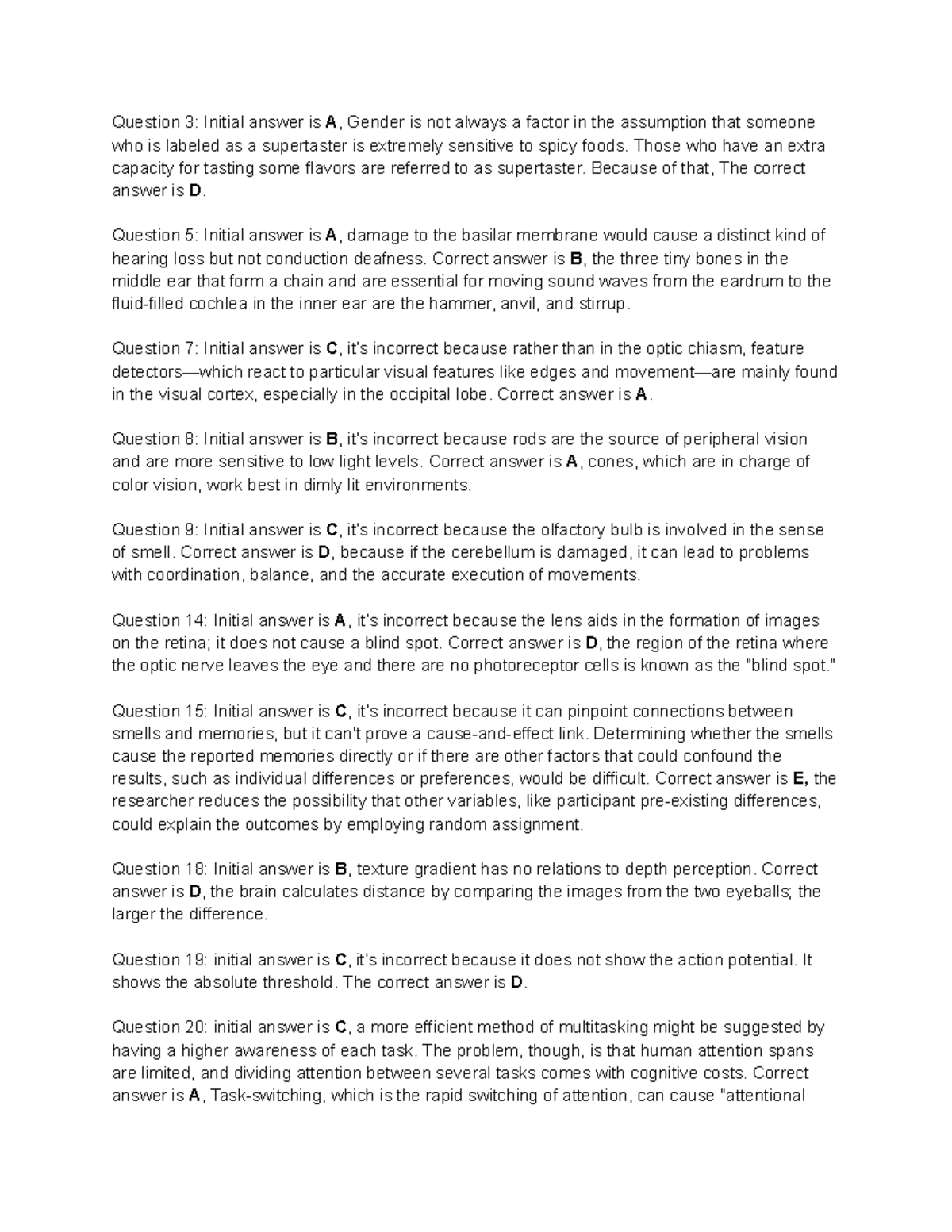 Unit 3 Test Corrections: Understanding Sensory Processing and ...