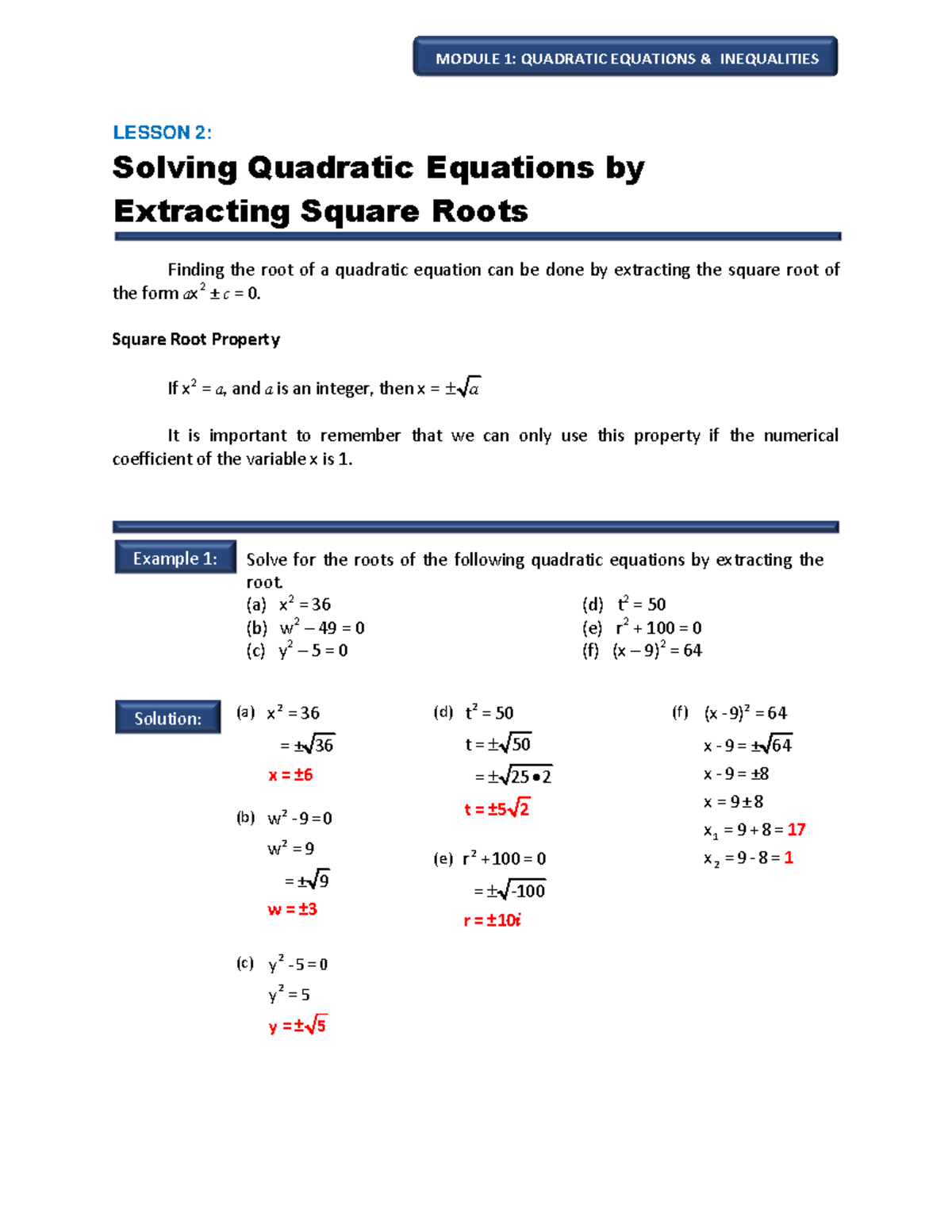 Lesson 2 solving quadratic equations by extracting the square roots - x ...