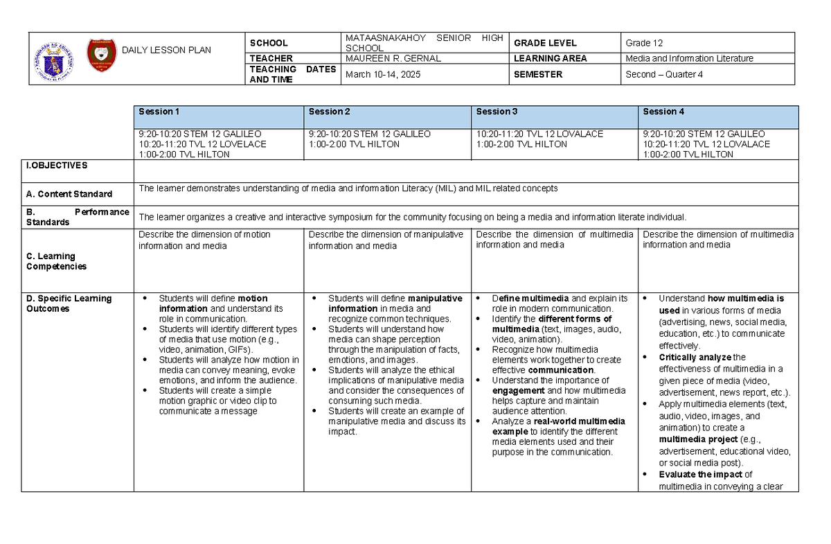 DAILY LESSON PLAN: Media & Information Literacy (MIL) - Grade 12 Q4 ...