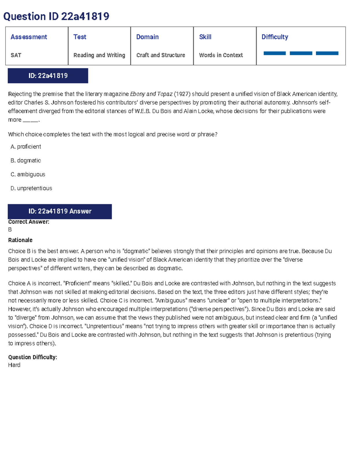Assessment Test Domain Skill SAT Reading and Writing: Words in Context ...