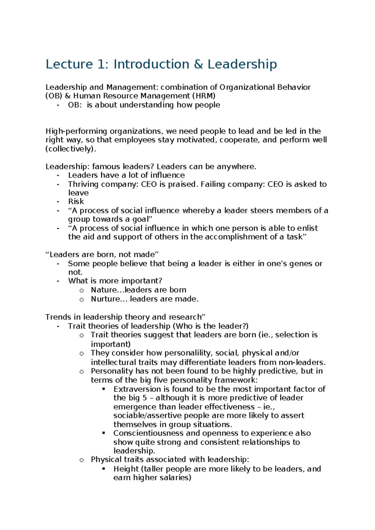 Lecture 1: Introduction to Leadership & Motivation Theories - Studeersnel