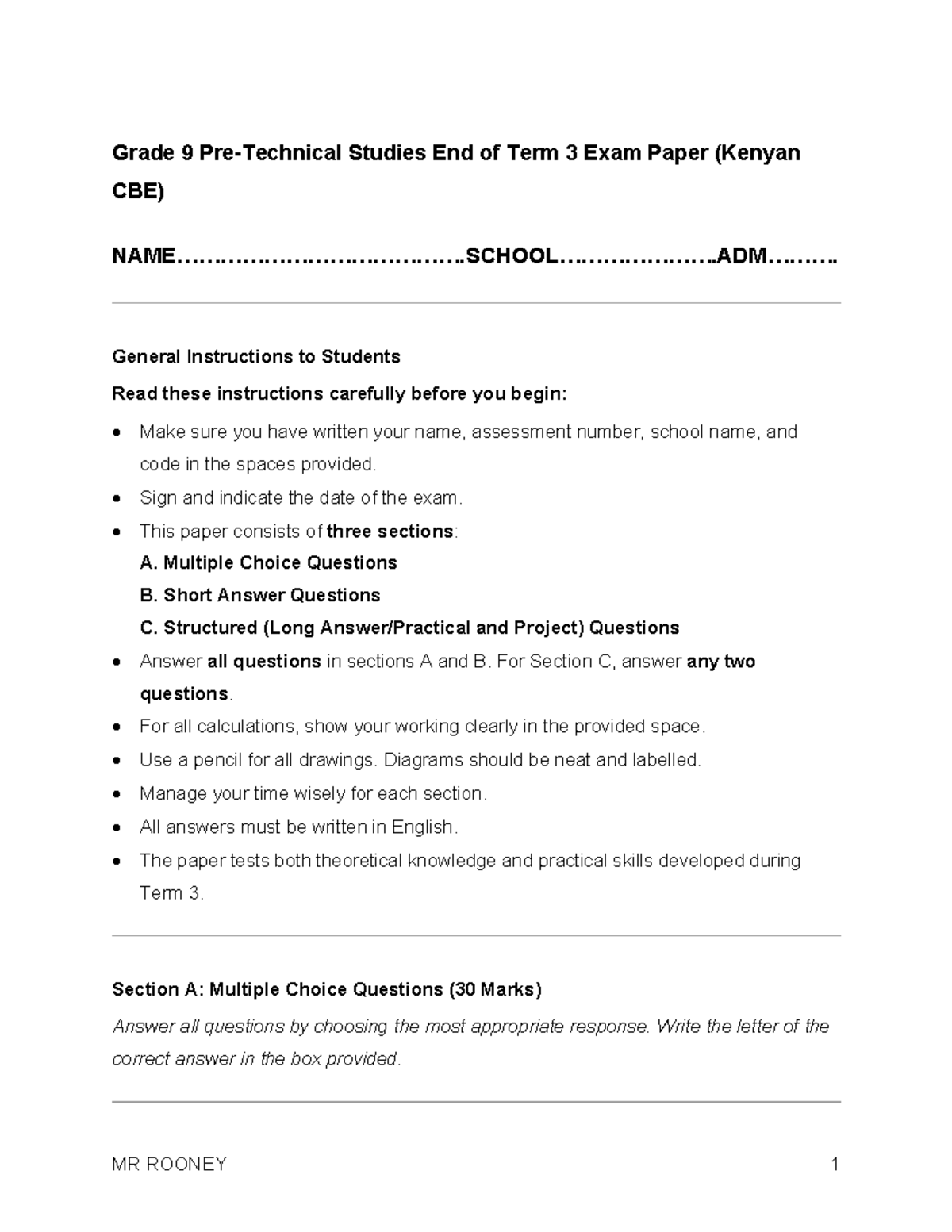 Grade 9 Pre-Tech End of Term 3 Exam Paper (Kenyan CBE) - Studocu