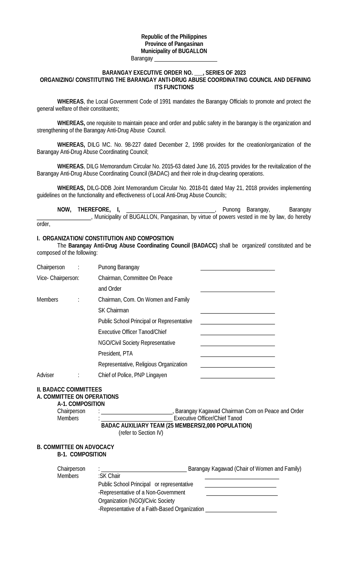 Barangay Executive Order No. ___ - Organizing BADAC for Drug Response ...
