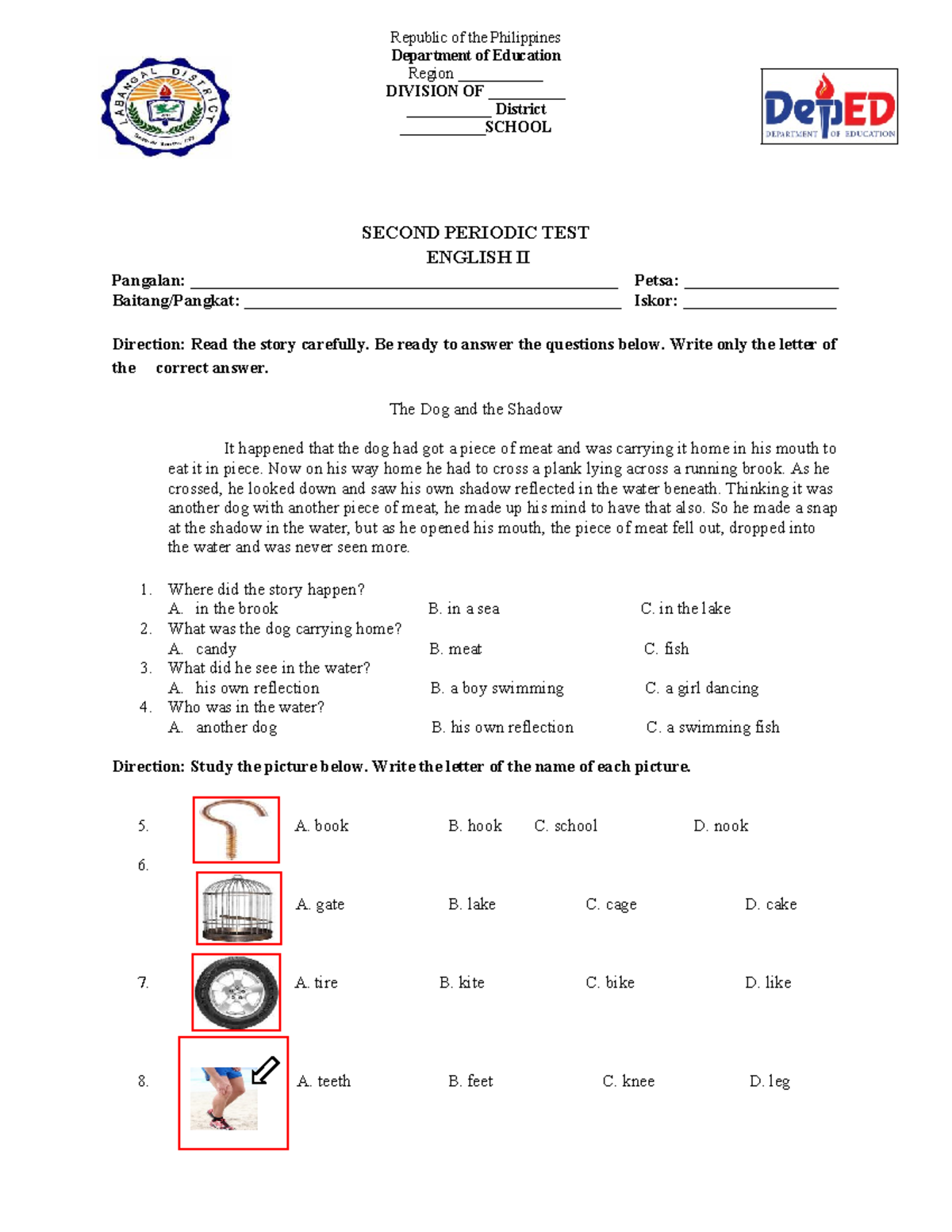 2nd Grading exam. English 2 - Republic of the Philippines Department of ...