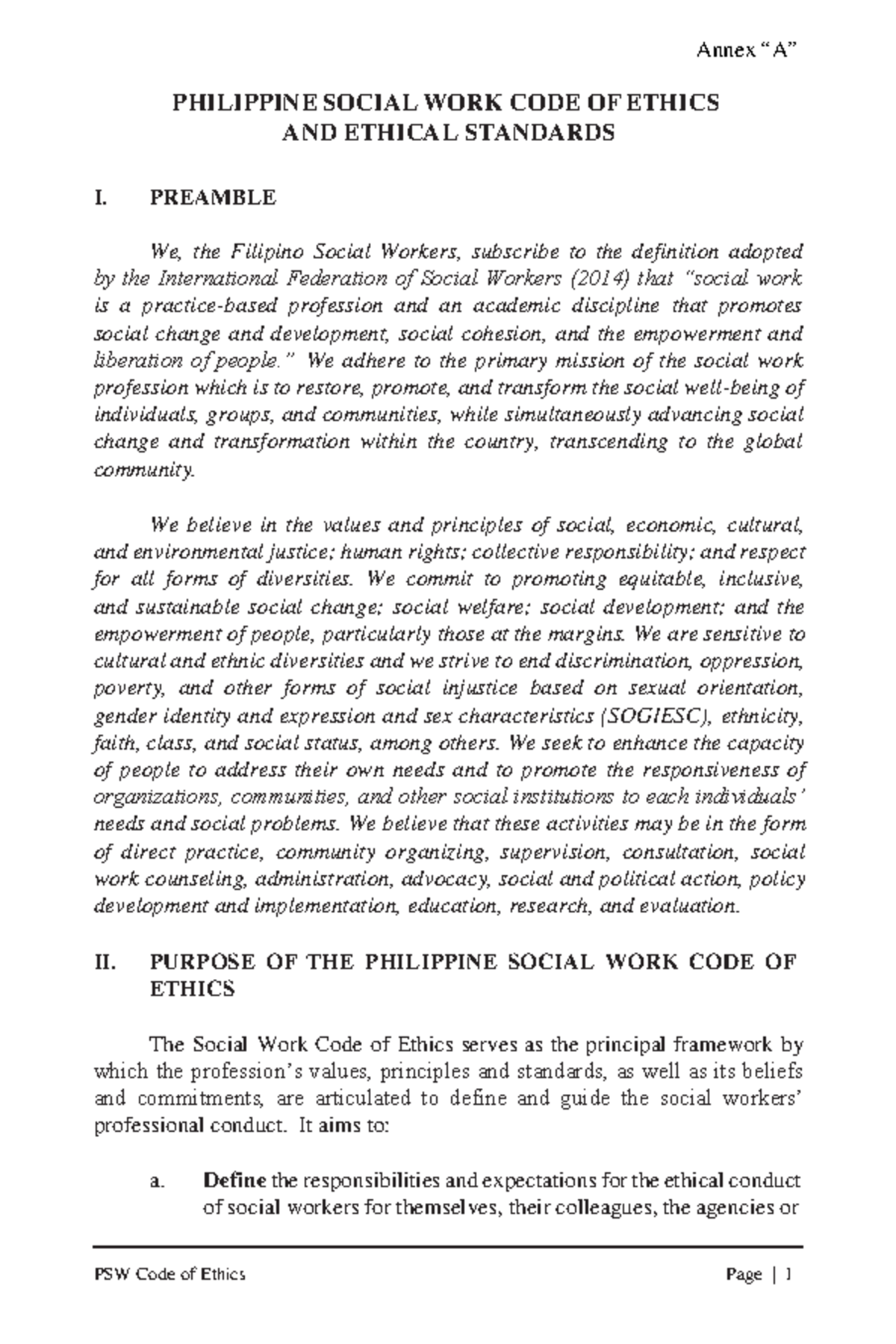 Philippine Social Work Code of Ethics 2023 - Annex A Overview - Studocu