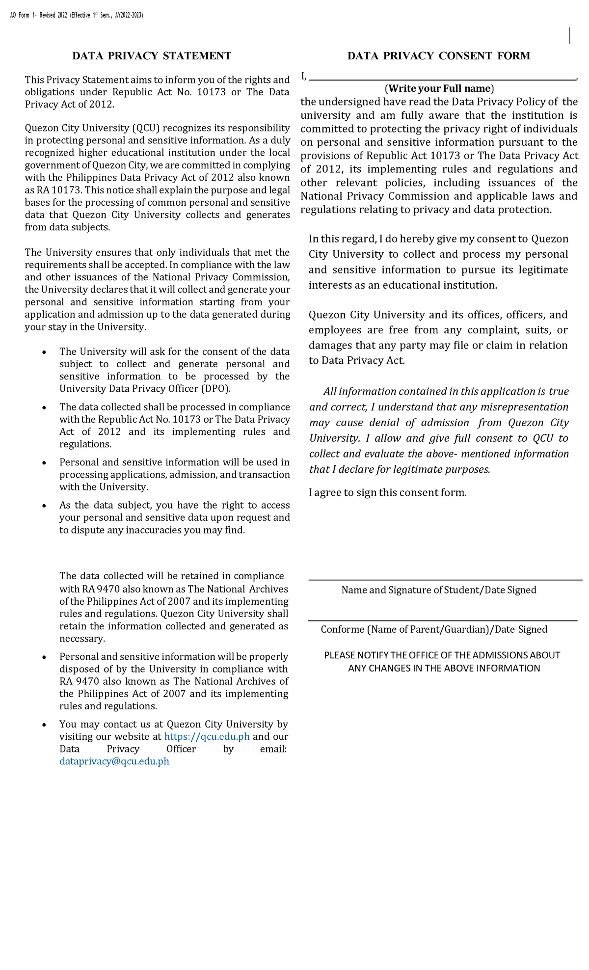 QCU Admission Form 2026-2027: Data Privacy Statement & Consent - Studocu