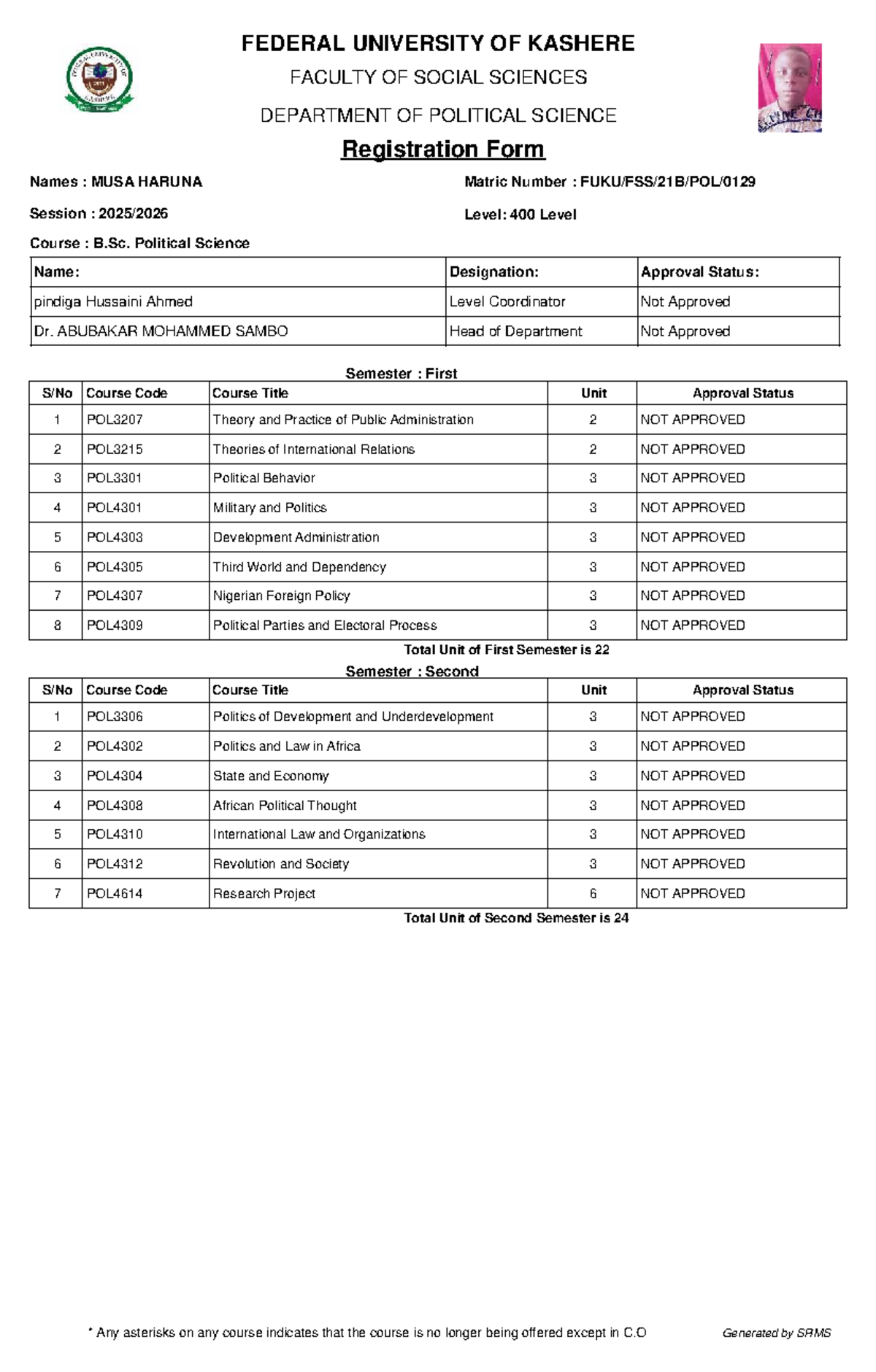 POLITICAL SCIENCE REGISTRATION FORM - 400 LEVEL, 2025/2026 - Studocu