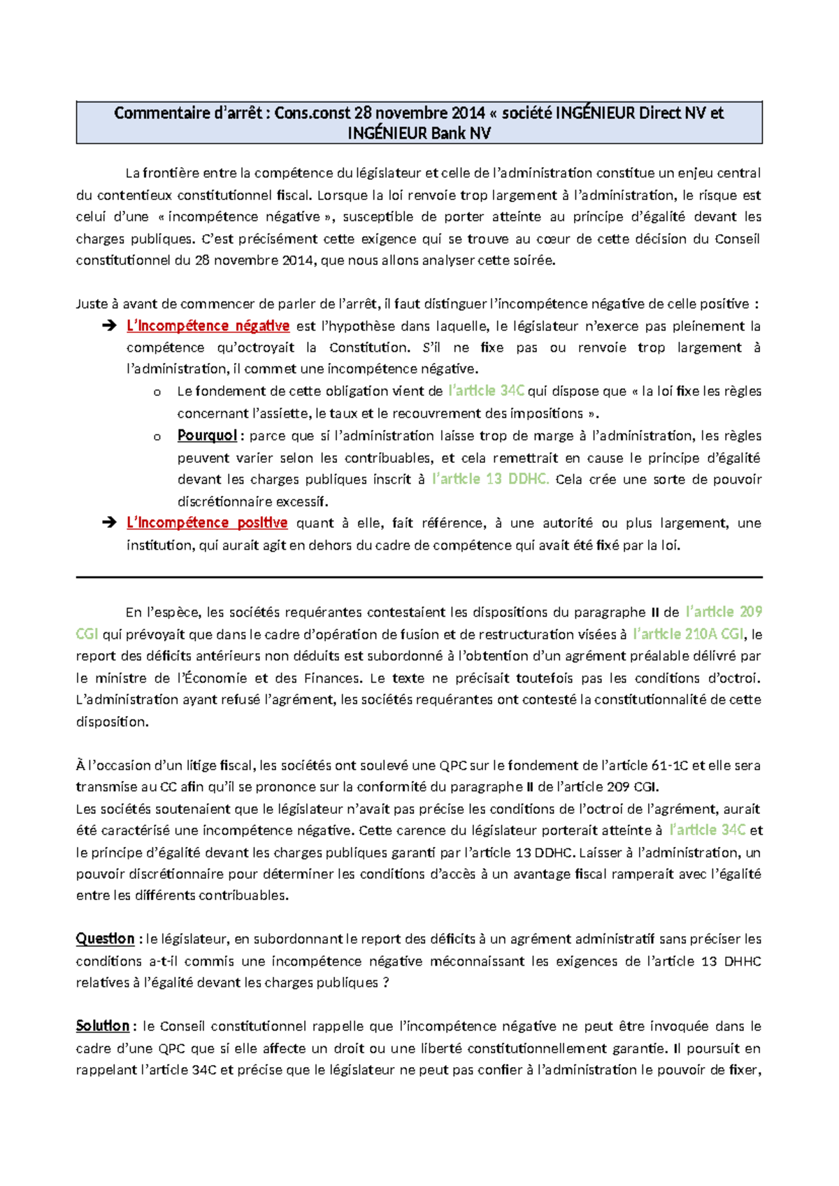 Commentaire d'arrêt : Compétence législative et incompétence négative ...