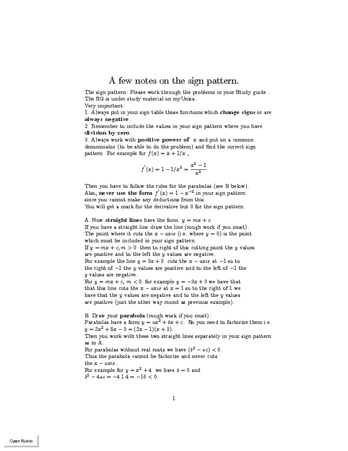 Math1613: Important Notes on Sign Patterns for Study Guide - Studocu