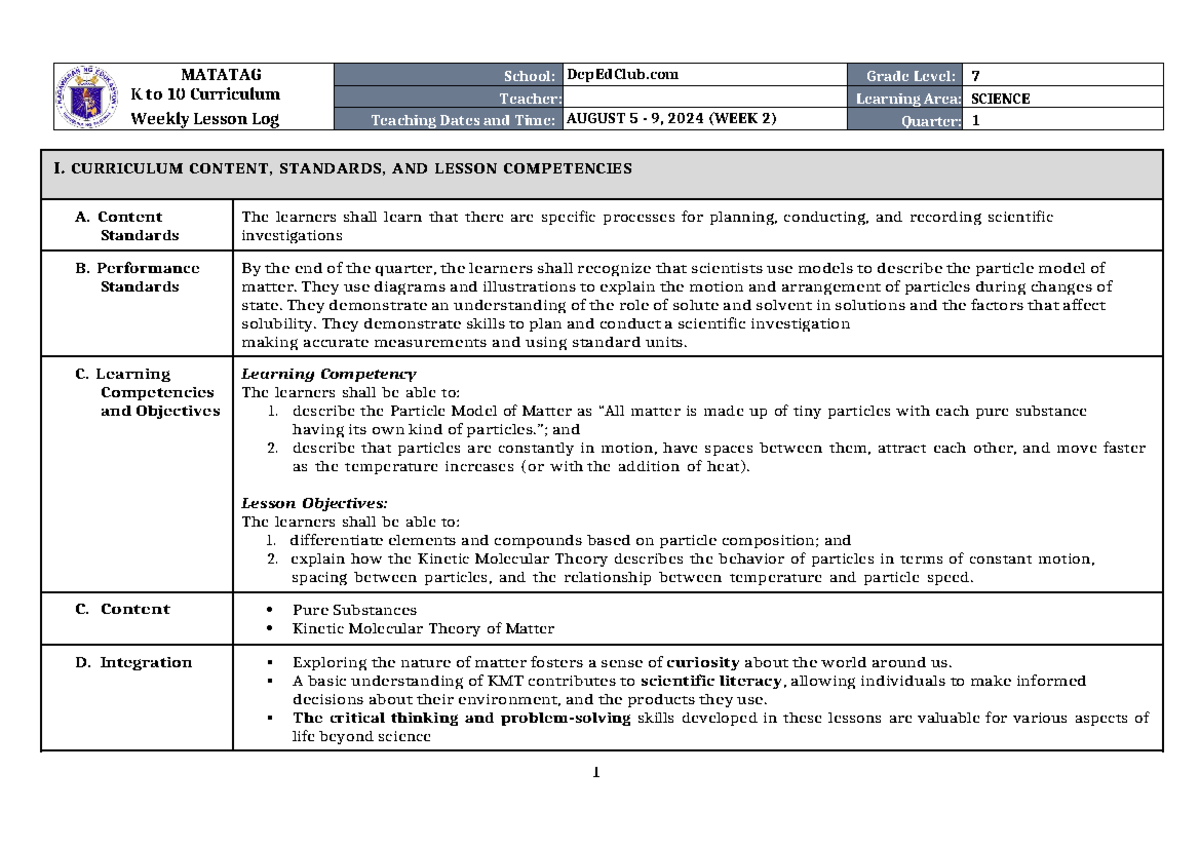 DLL Matatag Science 7 Q1 W2 - MATATAG K to 10 Curriculum Weekly Lesson Log School: DepEdClub ...
