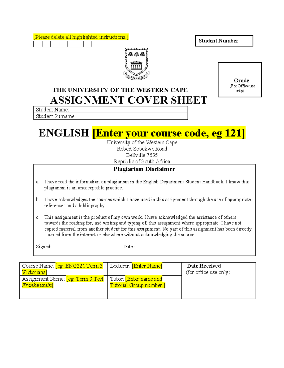 ENG Cover Page Template for Assignment Submission (ENG121) - Studocu